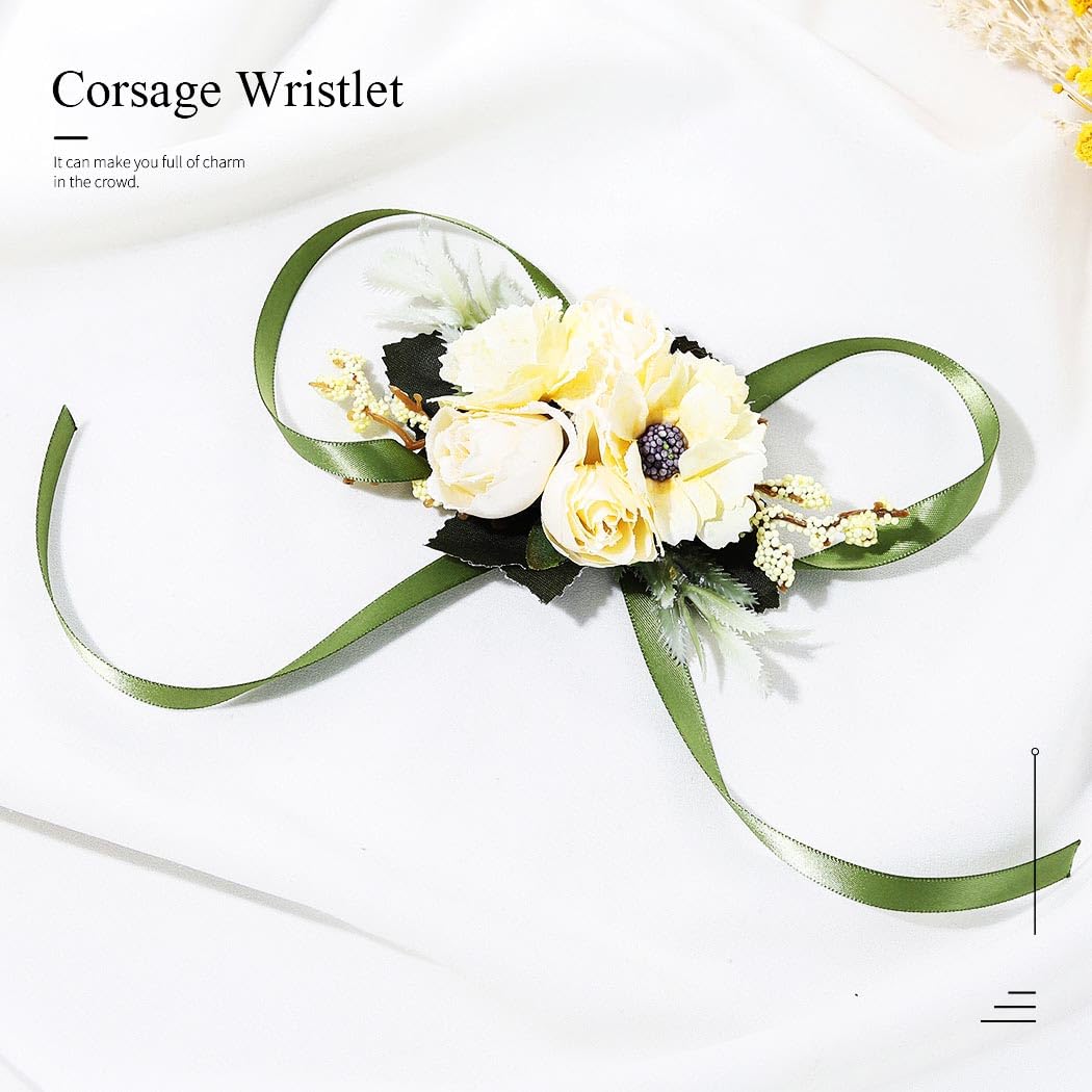 Yean Flower Wedding Wrist Corsage Ivory Prom Corsage Ribbon Bracelets for Bride and Bridesmaios