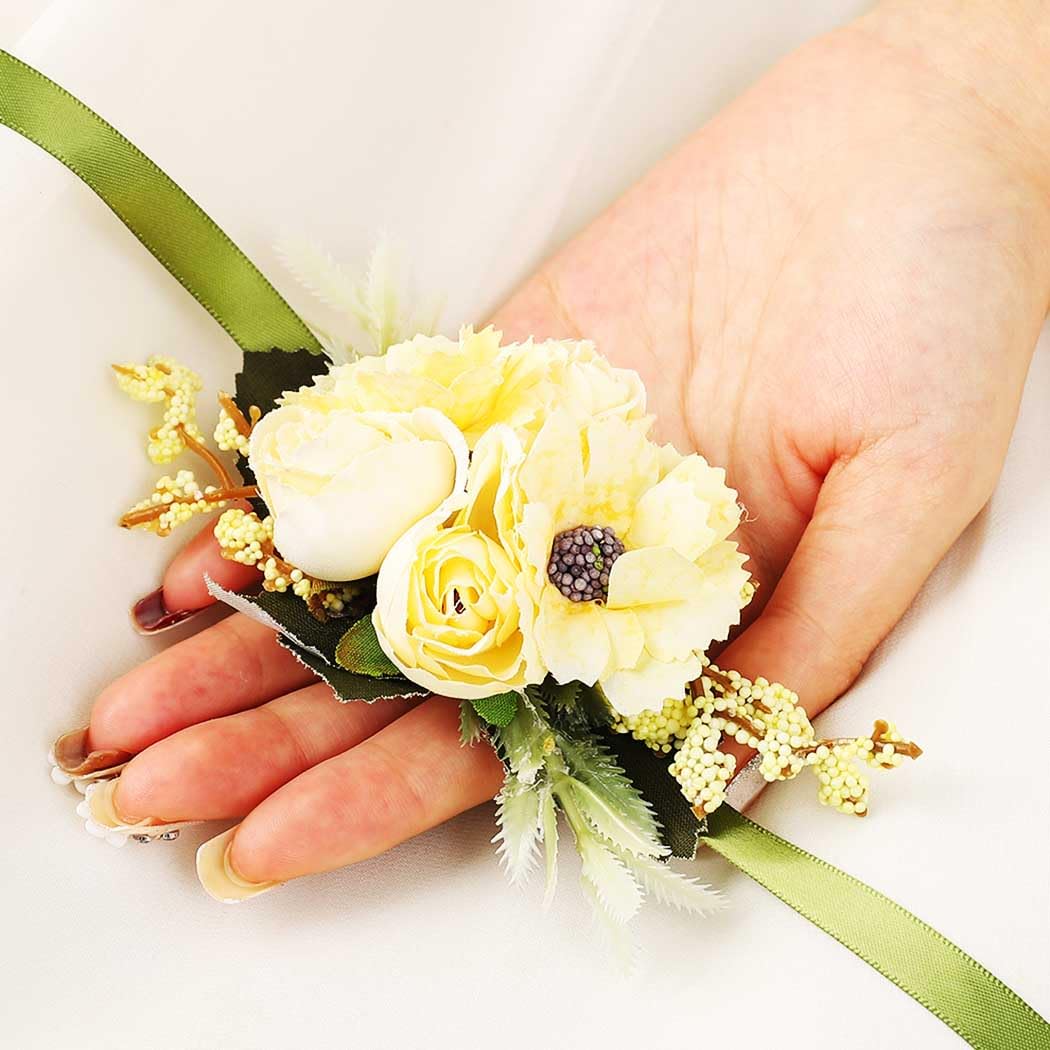 Yean Flower Wedding Wrist Corsage Ivory Prom Corsage Ribbon Bracelets for Bride and Bridesmaios
