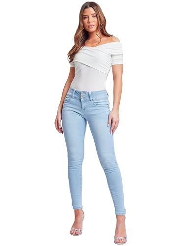 YMI Women's Wannabettabutt Sustainable Mid-Rise Skinny Jeans, 3-Button Zip Fly, Butt-Lifting Stretch Denim, Light Blue, 5