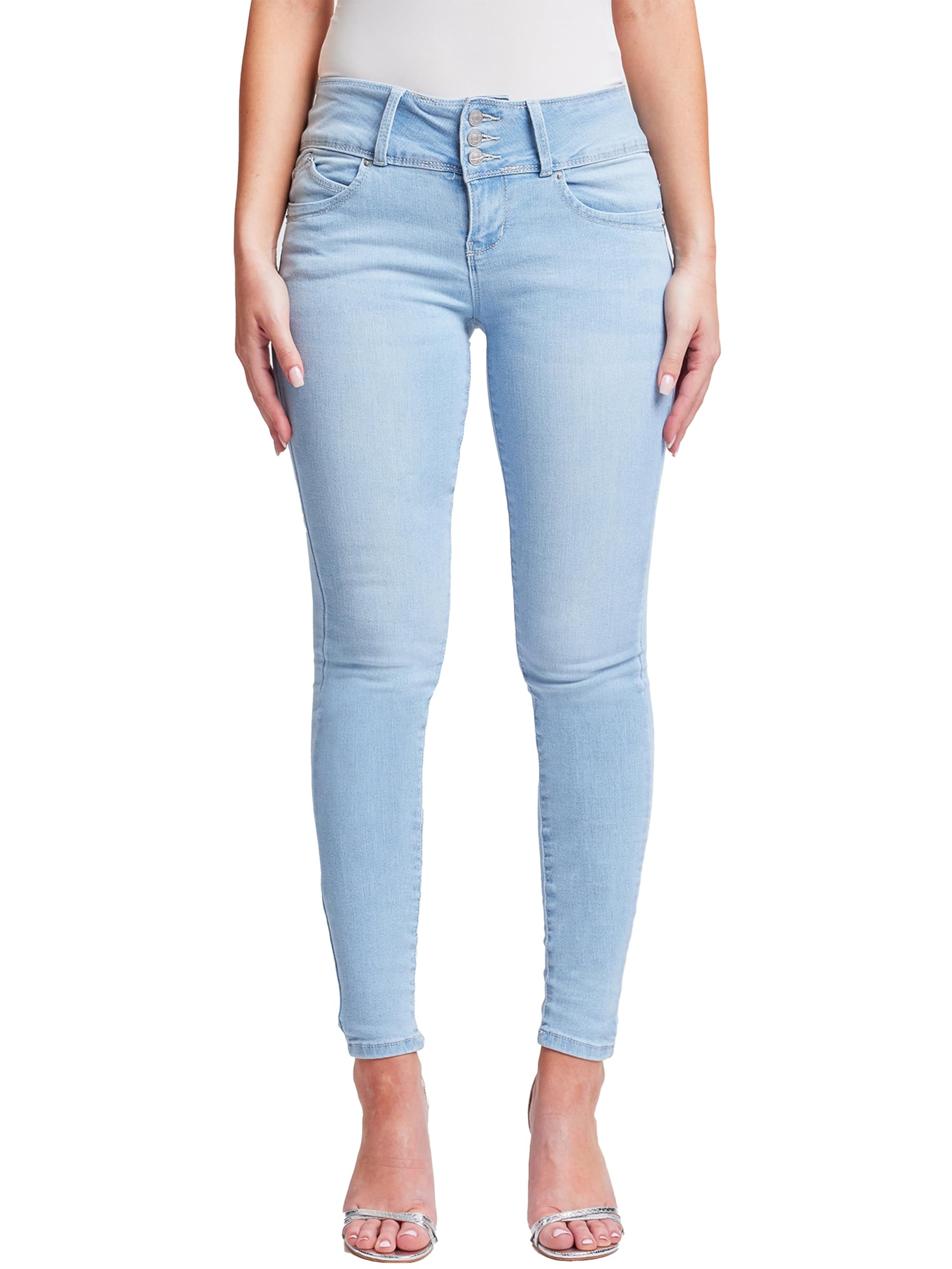 YMI Women's Wannabettabutt Sustainable Mid-Rise Skinny Jeans, 3-Button Zip Fly, Butt-Lifting Stretch Denim, Light Blue, 5