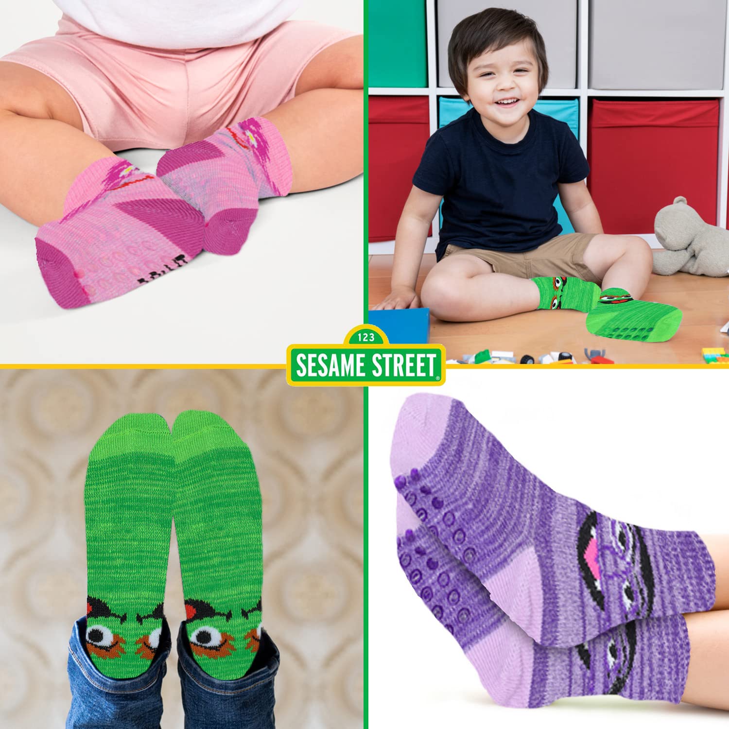 Sesame Street Toddler Socks with Grippers, Non Slip Socks for Kids
