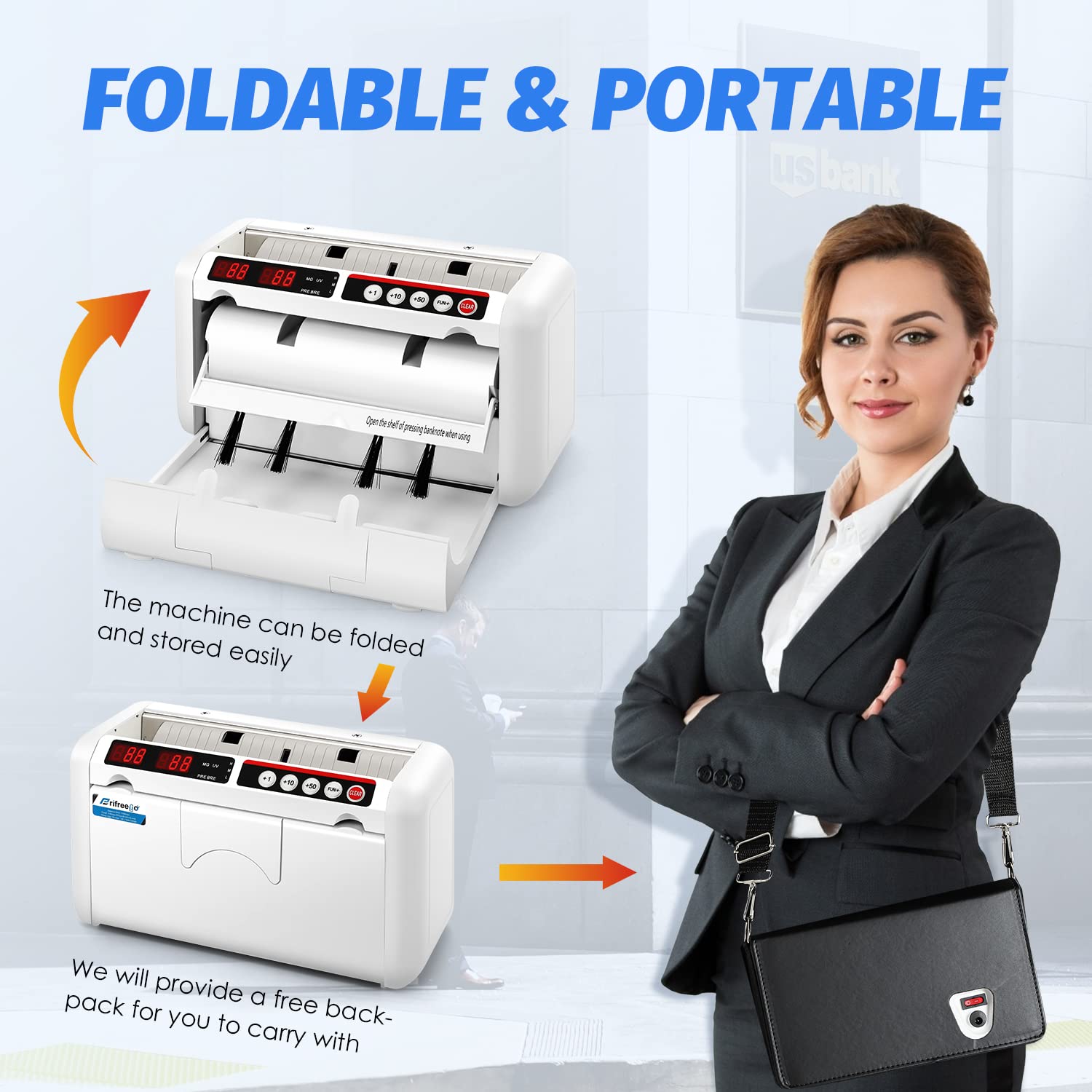 Frifreego Battery Operated Bill Counter Machine, Portable Rechargeable Money Counter with UV MG Detection, 800pcs/min Counting Speed, Take Anywhere with A Backpack for Multi-Currency Or Tickets