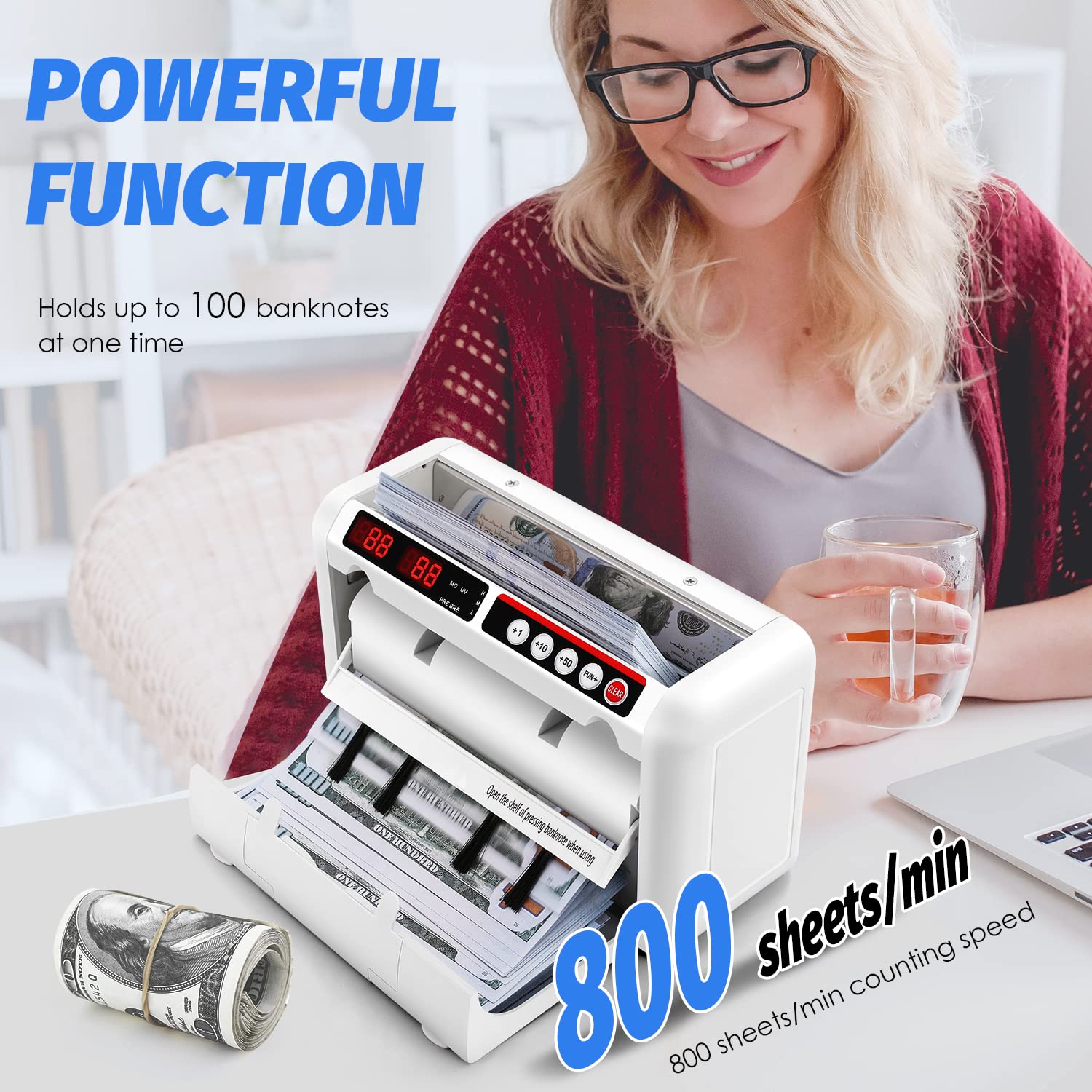 Frifreego Battery Operated Bill Counter Machine, Portable Rechargeable Money Counter with UV MG Detection, 800pcs/min Counting Speed, Take Anywhere with A Backpack for Multi-Currency Or Tickets