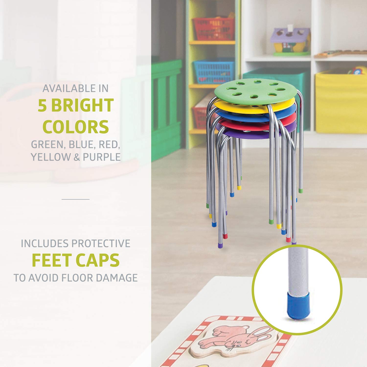 Pearington Plastic Classroom Stools for Kids, Multipurpose Stool Chairs, Flexible Seating, Stacking Stools, Stainless Steel Legs - Set of 5, Multi-Color