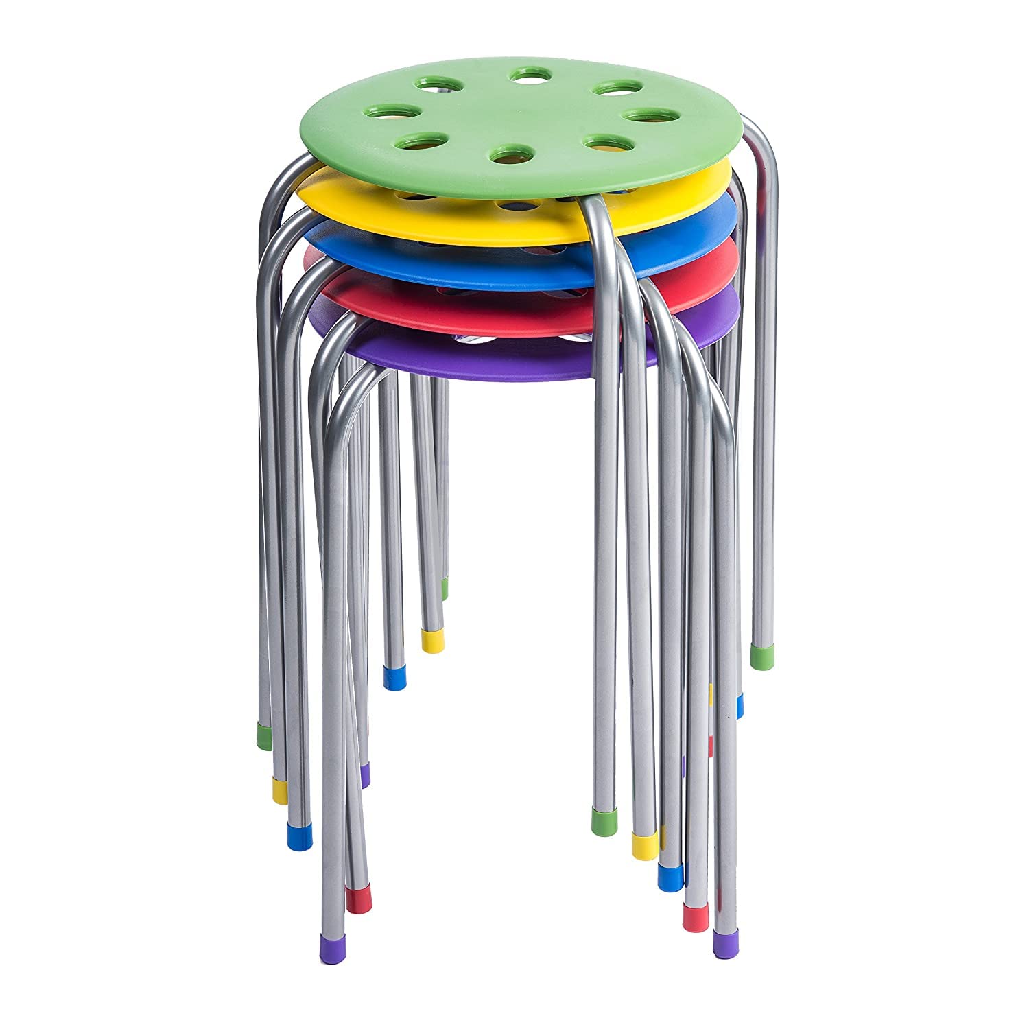 Pearington Plastic Classroom Stools for Kids, Multipurpose Stool Chairs, Flexible Seating, Stacking Stools, Stainless Steel Legs - Set of 5, Multi-Color