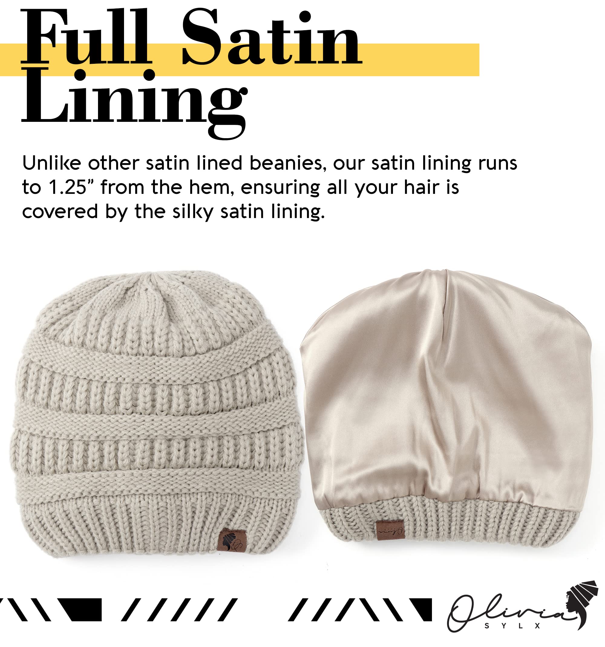 Olivia Sylx Chunky Satin Lined Beanie for Women - Winter Hat - Warm Slouchy Knit Beanie - Beige