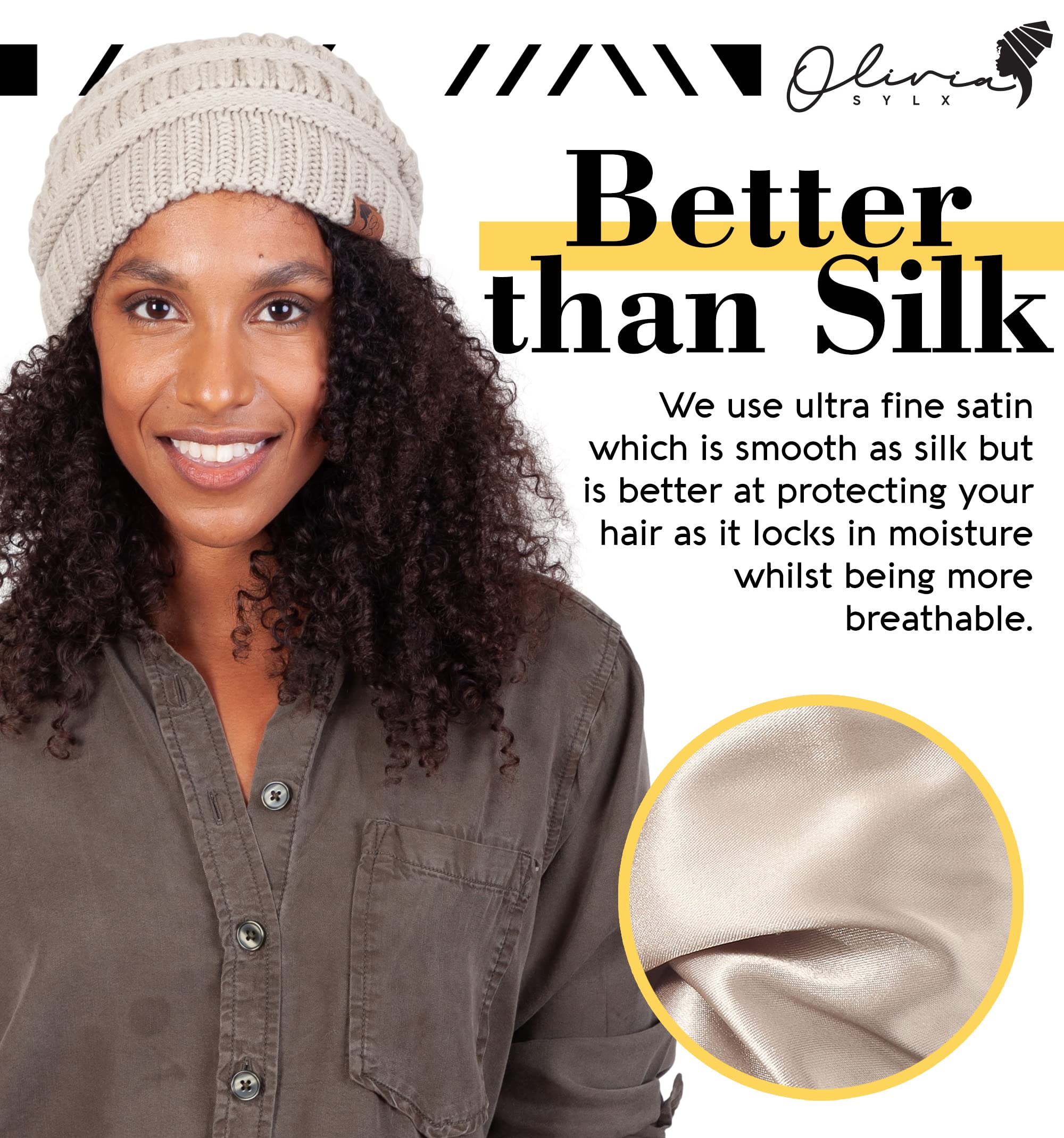 Olivia Sylx Chunky Satin Lined Beanie for Women - Winter Hat - Warm Slouchy Knit Beanie - Beige