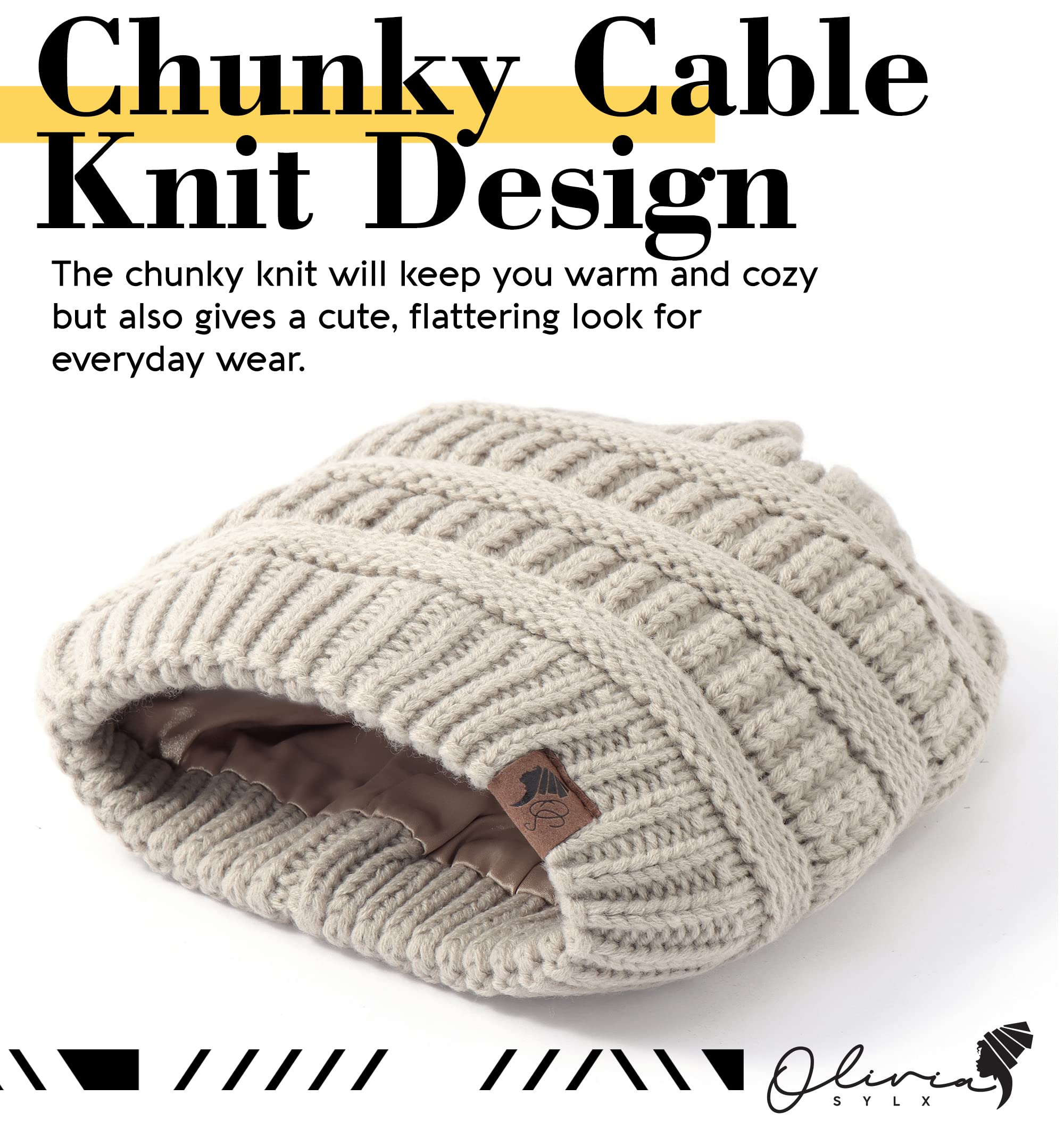 Olivia Sylx Chunky Satin Lined Beanie for Women - Winter Hat - Warm Slouchy Knit Beanie - Beige