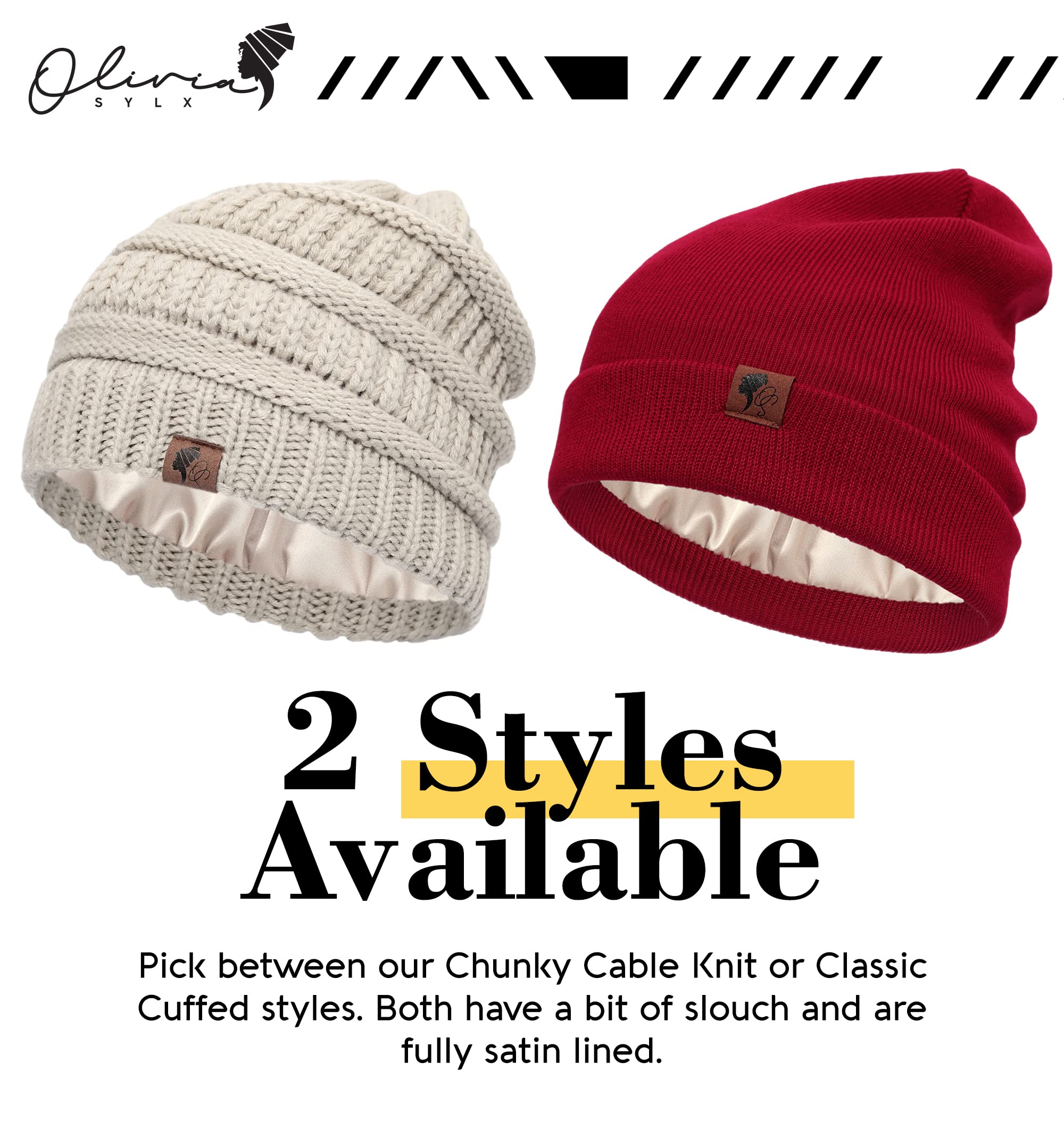 Olivia Sylx Chunky Satin Lined Beanie for Women - Winter Hat - Warm Slouchy Knit Beanie - Beige