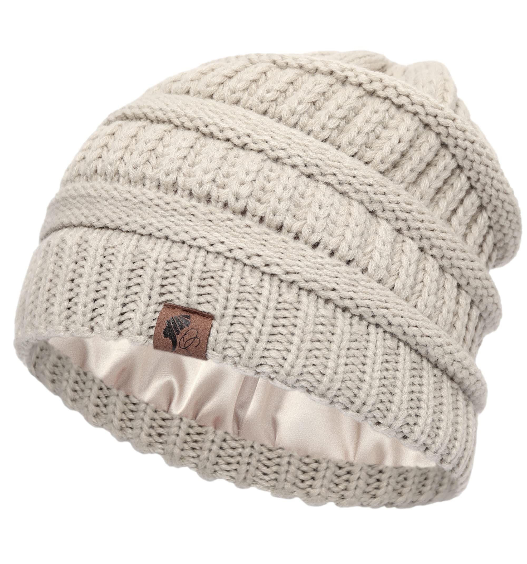 Olivia Sylx Chunky Satin Lined Beanie for Women - Winter Hat - Warm Slouchy Knit Beanie - Beige