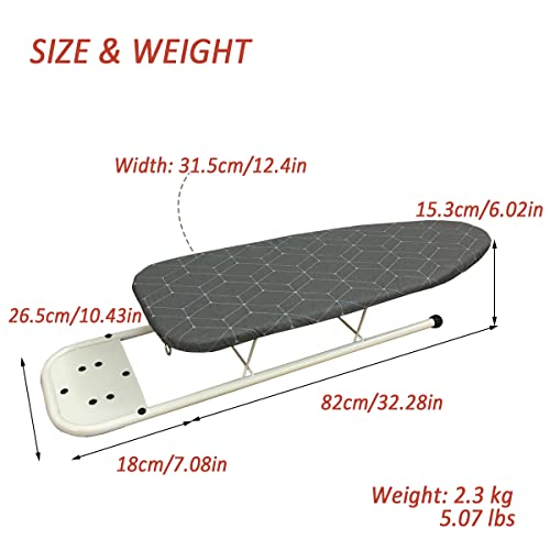 Fayaww Table Top Ironing Board,12x32in Small Ironing Board,with Foldable Legs,Heat Reflective Ironing Cover and Extra Thick Felt Padding,Dark Grey