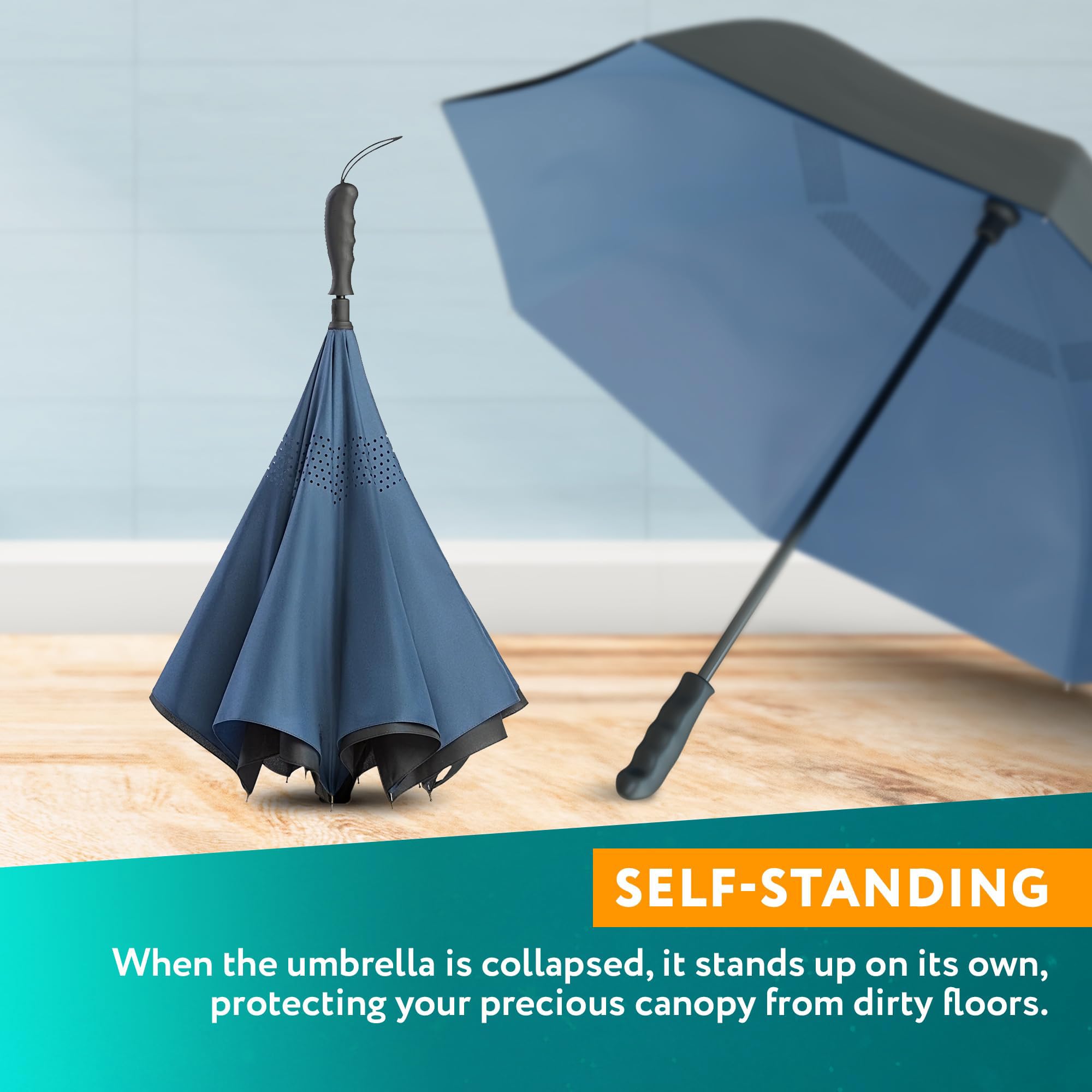 PUREVACY Reverse Umbrella with Sturdy Shaft, 8 Reinforced Ribs, Teflon Coating, Black-Navy Blue Inverted Umbrella Compact, Windproof Upside Down Umbrella for Women, Men, Inside Out Umbrella