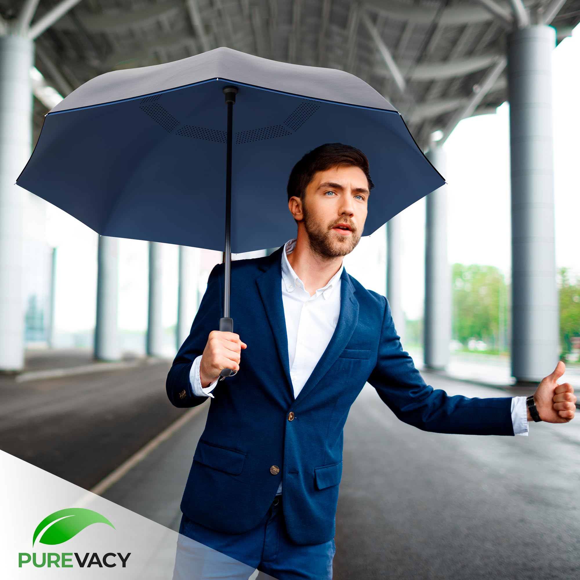 PUREVACY Reverse Umbrella with Sturdy Shaft, 8 Reinforced Ribs, Teflon Coating, Black-Navy Blue Inverted Umbrella Compact, Windproof Upside Down Umbrella for Women, Men, Inside Out Umbrella