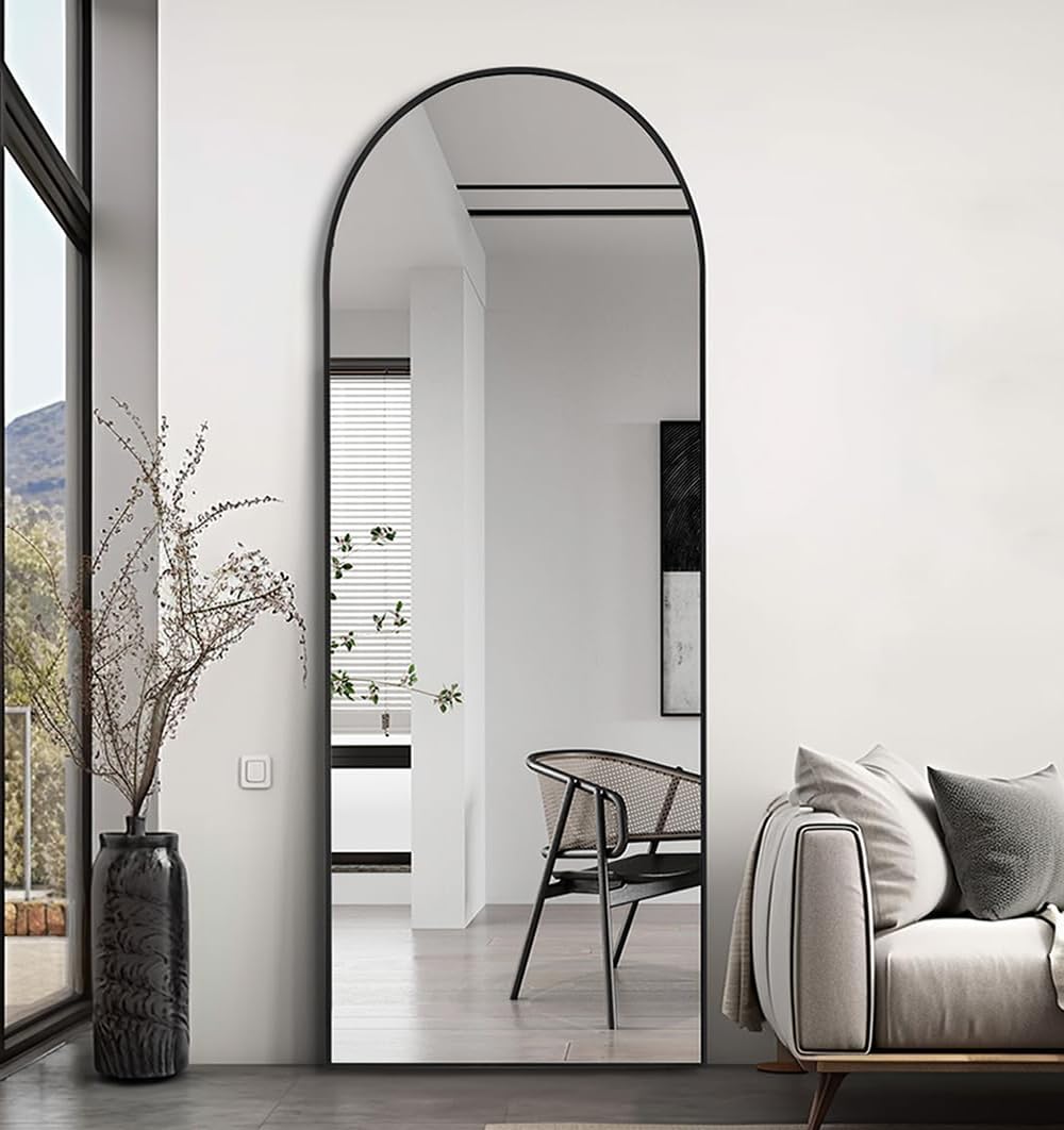 JAWGLOW Arched Full Length Mirror, 64 "x 21" Floor Mirror with Stand, Full Body Mirror with Aluminum Alloy Frame, Freestanding, Wall-Mounted or Leaning (Black)