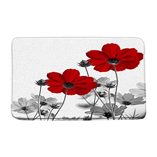 FEIERMAN Red Gray Floral Bath Mat/Rug Simple Elegance Retro Daisy Abstract Flower Microfiber Memory Foam Bathroom Decor Mat Not Easy to Slide Backing 17.8X 29.5 Inch/45x 75cm