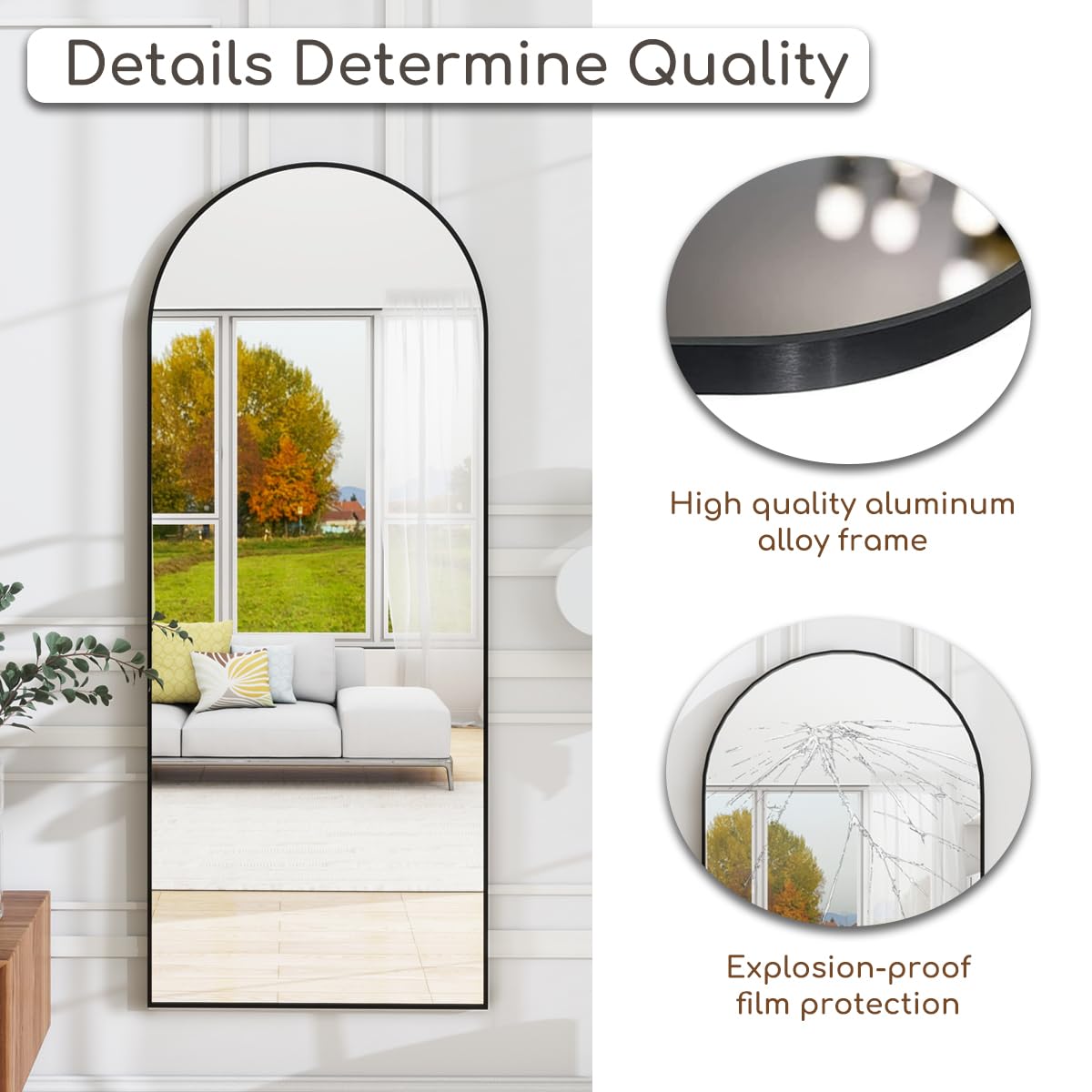 JAWGLOW Arched Full Length Mirror, 64 "x 21" Floor Mirror with Stand, Full Body Mirror with Aluminum Alloy Frame, Freestanding, Wall-Mounted or Leaning (Black)