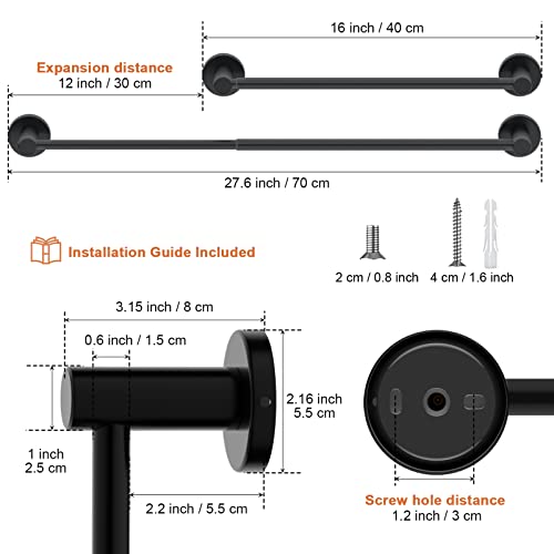 2 Pack Adjustable Single Bath Towel Bar 16 to 27.6 Inch, ZUEXT Oil Rubbed Black Stainless Steel Towel Holder Hanger,Expandable Wall Mounted Towel Rail for Bathroom Kitchen,1" Tube Towel Rail Racks