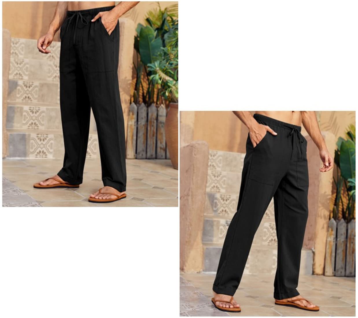 Gafeng Mens Linen Pants Yoga Beach Loose Fit Casual Summer Elastic Waist Drawstring Baggy Trousers with Pockets Black