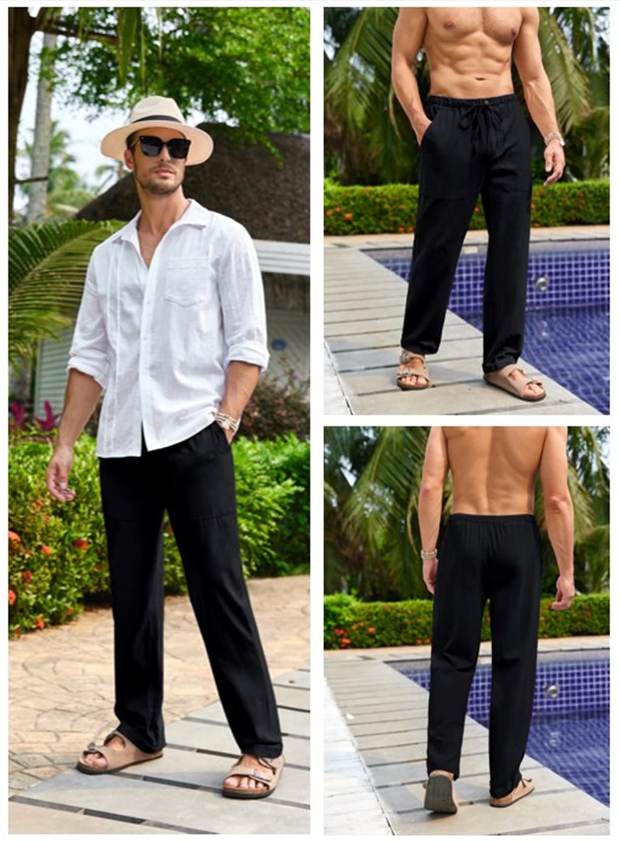 Gafeng Mens Linen Pants Yoga Beach Loose Fit Casual Summer Elastic Waist Drawstring Baggy Trousers with Pockets Black