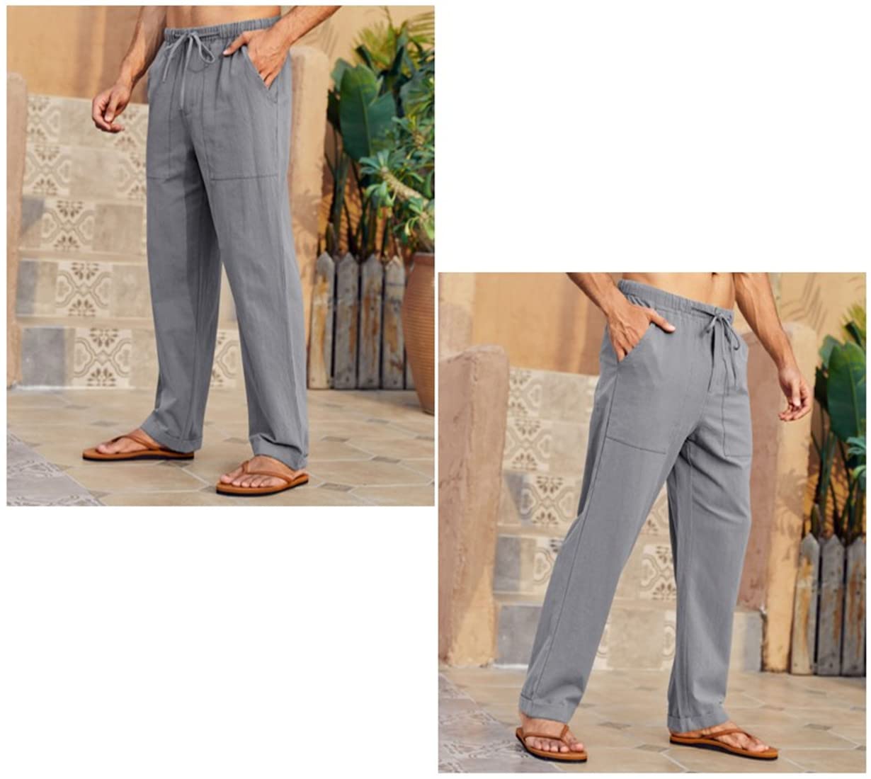Gafeng Mens Linen Pants Yoga Beach Loose Fit Casual Summer Elastic Waist Drawstring Baggy Trousers with Pockets Gray