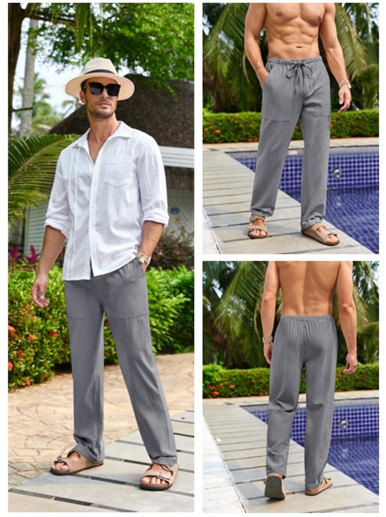 Gafeng Mens Linen Pants Yoga Beach Loose Fit Casual Summer Elastic Waist Drawstring Baggy Trousers with Pockets Gray