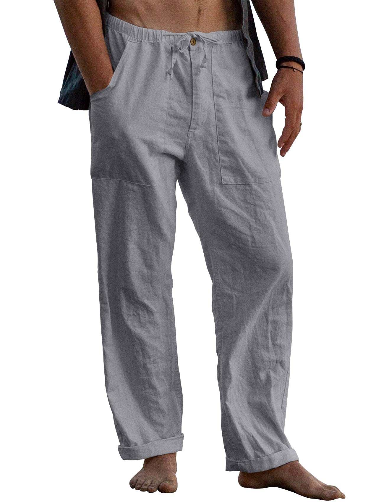 Gafeng Mens Linen Pants Yoga Beach Loose Fit Casual Summer Elastic Waist Drawstring Baggy Trousers with Pockets Gray