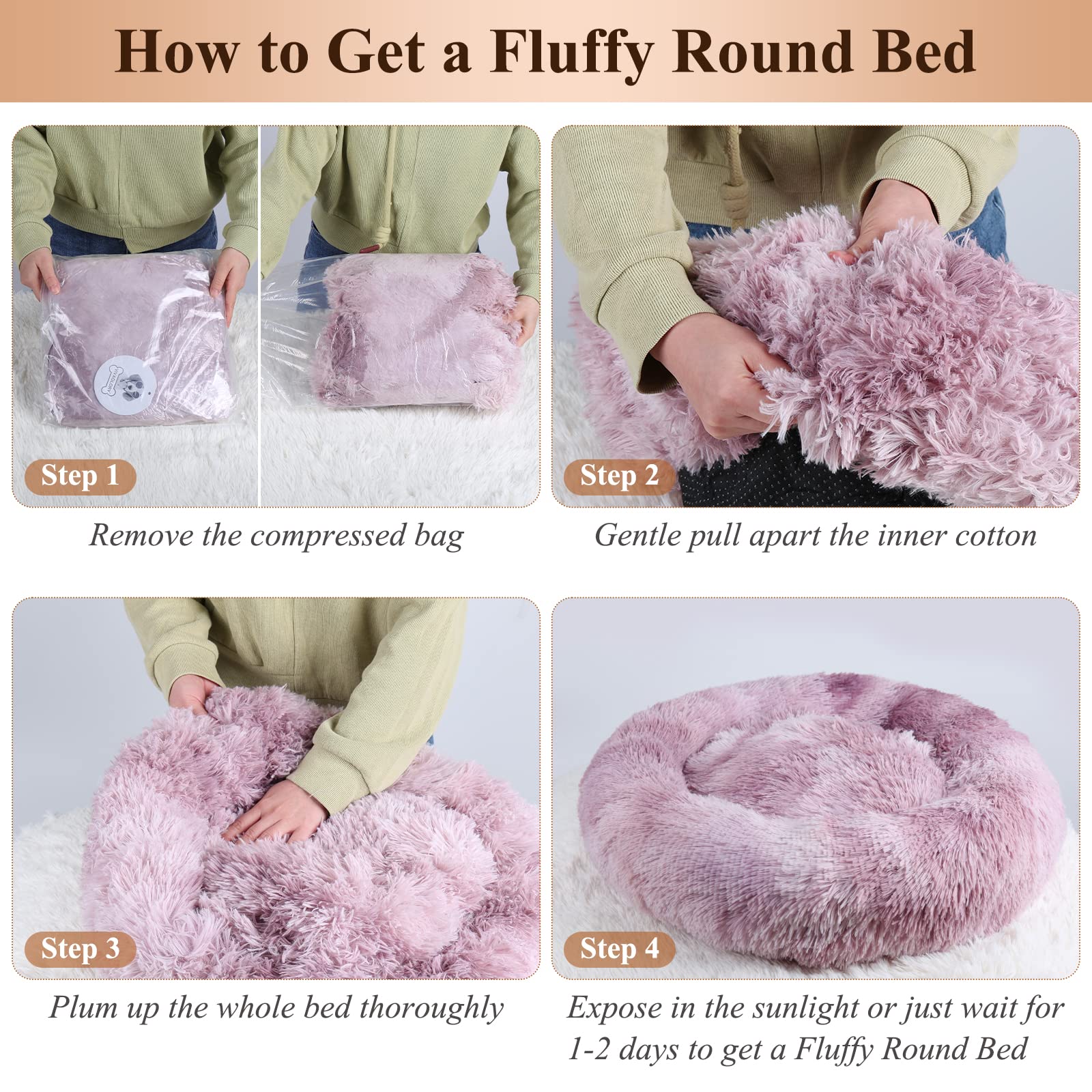 VIVAGLORY Plush Dog Bed, Fluffy Pet Bed, Self-Warming Dog Cat Calming Bed with Removable Middle mat, Suitable for Cat & Tiny Dog, Gradient-Beige