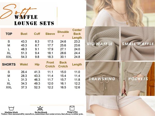 Ekouaer Womens Waffle Knit Pajama Sets Long Sleeve Top and Shorts Matching Lounge Set Sleepwear Loungewear Sweatsuit with Pockets A-Light Khaki Medium