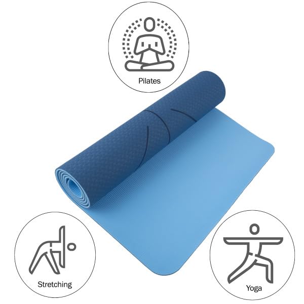 Yoga Mat with Alignment Marks - Lightweight Exercise Mat with Carry Strap for Home Workout or Travel by Wakeman Outdoors (Blue)