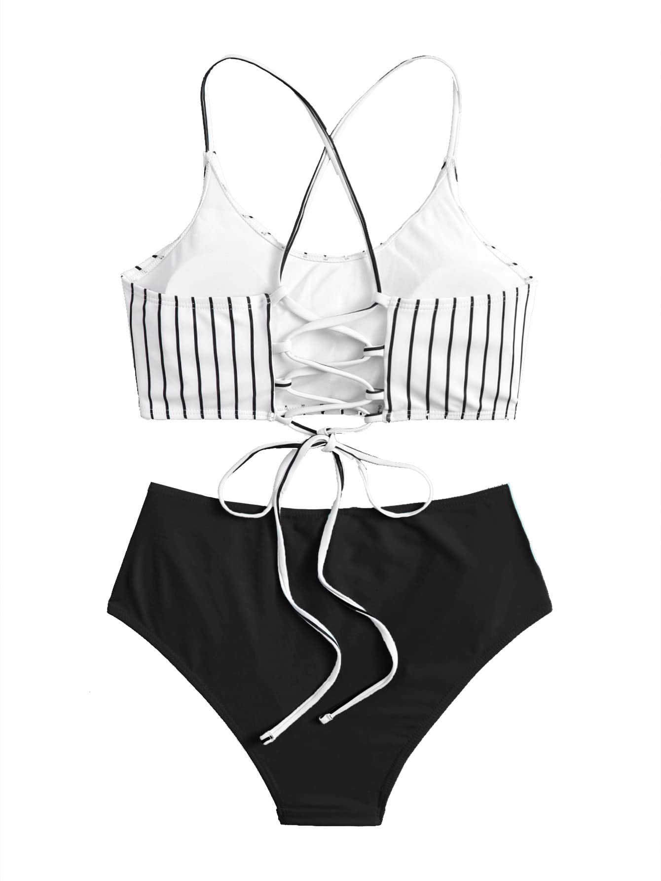 SweatyRocks Women's Bathing Suits Striped Criss Cross Bikini Set High Waisted Swimsuits Solid Black X-Small