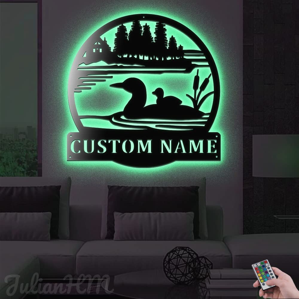 Custom Loon Duck Monogram Metal Wall Art With Led Lights, customized Loon Duck Name Sign Decoration, Loon Gift Home Decor (24x24 Inches, Without Lights)