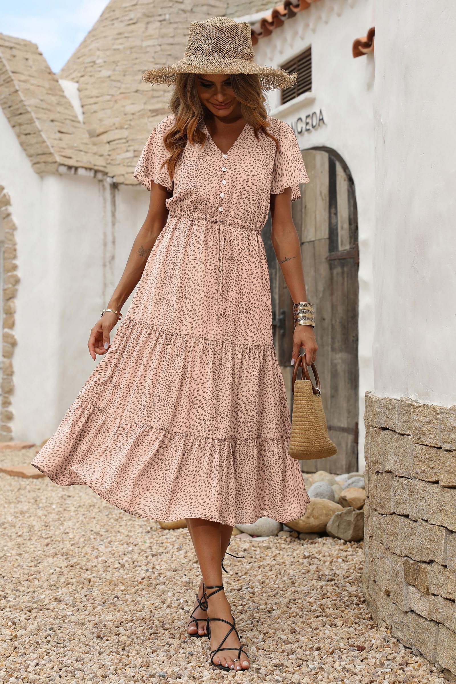 PRETTYGARDEN Floral Dress for Women 2025 Summer Casual Short Sleeve Maxi Dresses V Neck Tiered Flowy Boho Beach Sundress(Apricot,Medium)