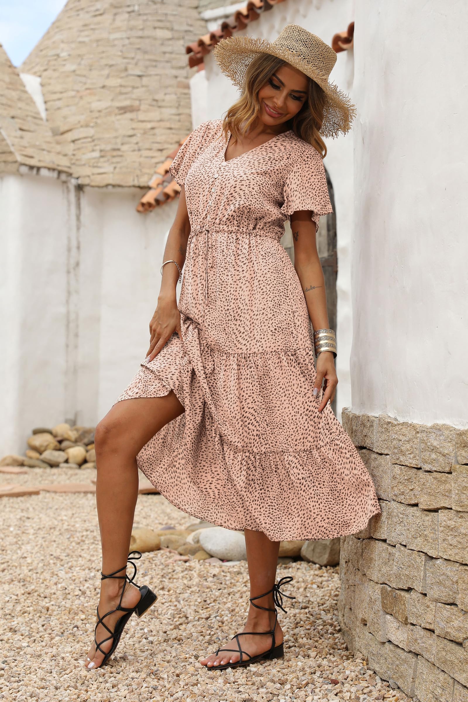 PRETTYGARDEN Floral Dress for Women 2025 Summer Casual Short Sleeve Maxi Dresses V Neck Tiered Flowy Boho Beach Sundress(Apricot,Medium)
