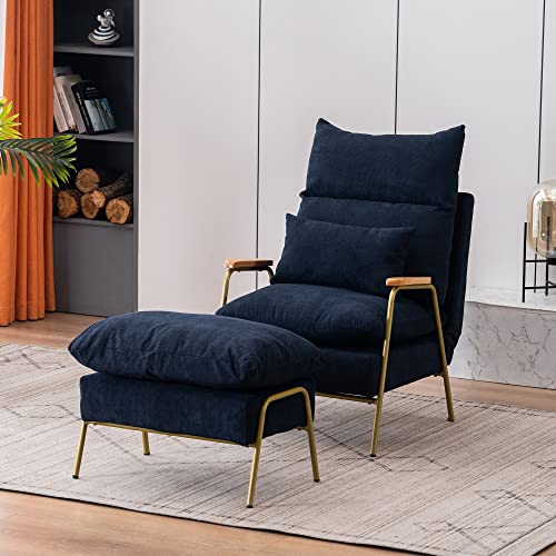 MCombo Accent Recliner Chair with Ottoman, Modern Fabric Armchair, Upholstered Sofa Bed for Living Room Bedroom, Small Space 4055 (Golden Frame, Dark Blue)