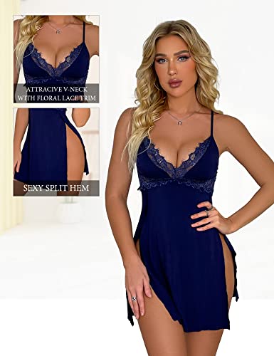 Queenfox Women's Lingerie Nightgowns for Women Soft Sexy Sleepwear Navy S