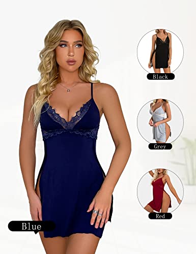 Queenfox Women's Lingerie Nightgowns for Women Soft Sexy Sleepwear Navy S