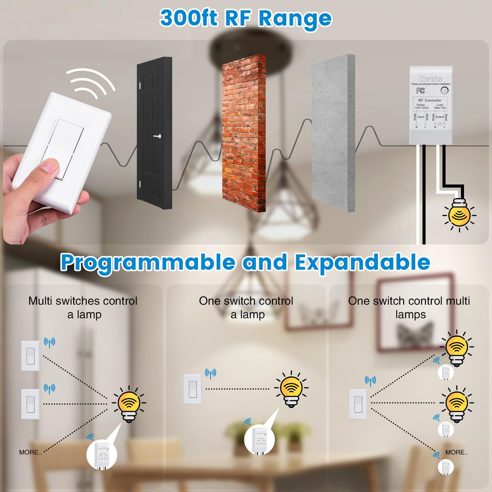 Wireless Light Switch and Receiver Kit, Ortis 300ft RF Range Wireless Wall Switches for Lights, Fans, Battery Included, No Wiring Needed