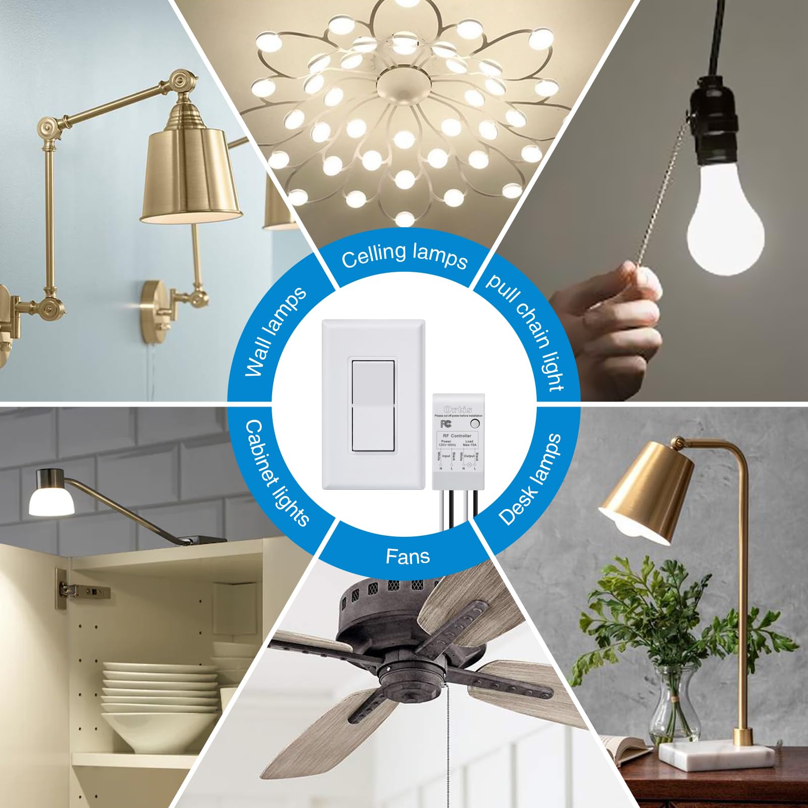 Wireless Light Switch and Receiver Kit, Ortis 300ft RF Range Wireless Wall Switches for Lights, Fans, Battery Included, No Wiring Needed