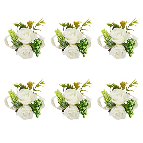 Meldel Ivory Rose Wrist Corsage Wristlet Band for Girls Women Bride Bridesmaid, Set of 6, White Hand Flower Wedding Artificial Flowers Accessories for Prom Party