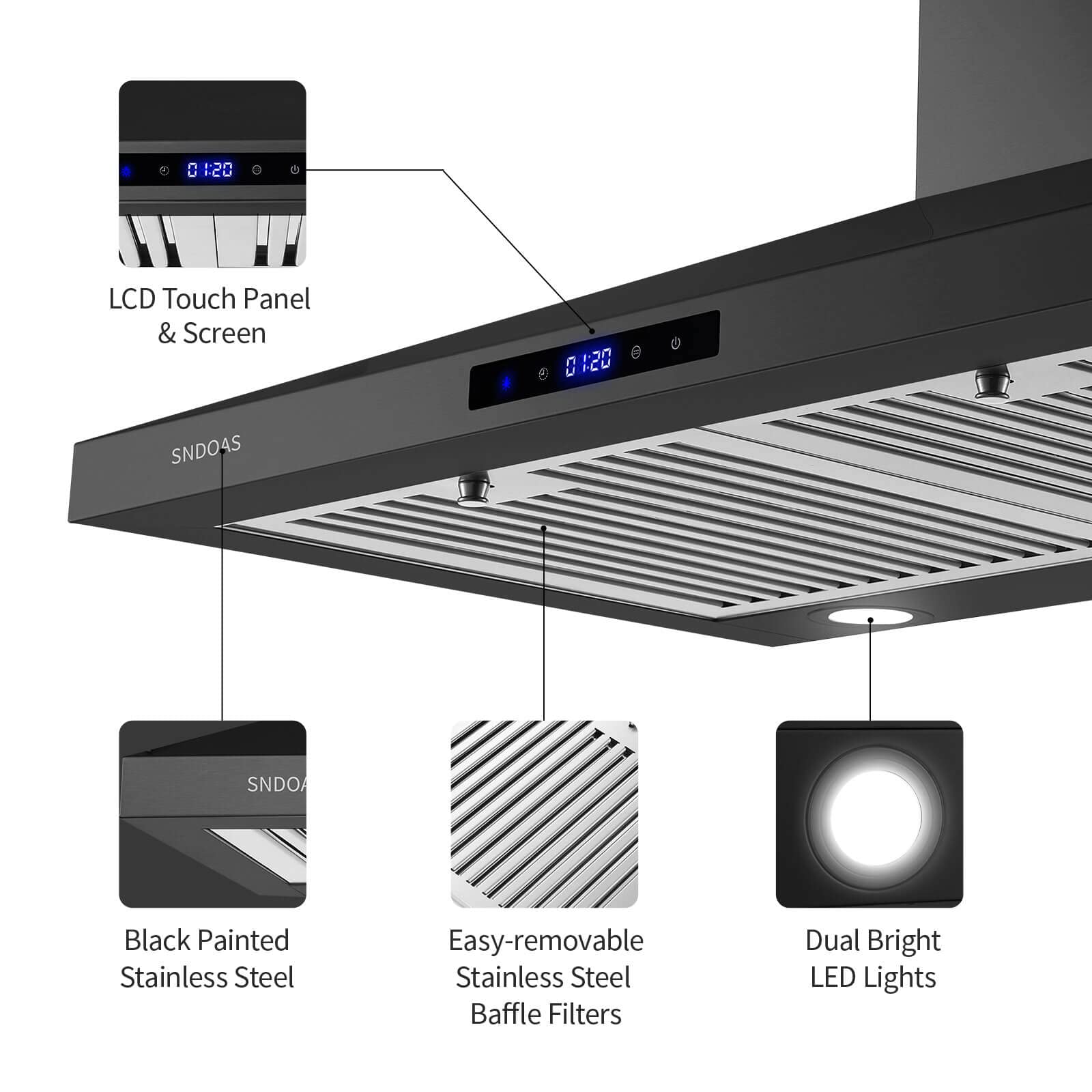SNDOAS Black Range Hood 30 Inch,Stainless Steel Wall Mounted Kitchen Hood with Touch Controls, Ducted/Ductless Convertible,Chimney-Style Stove Hood Vent for Kitchen,Baffle Filters,Black Painted Finish