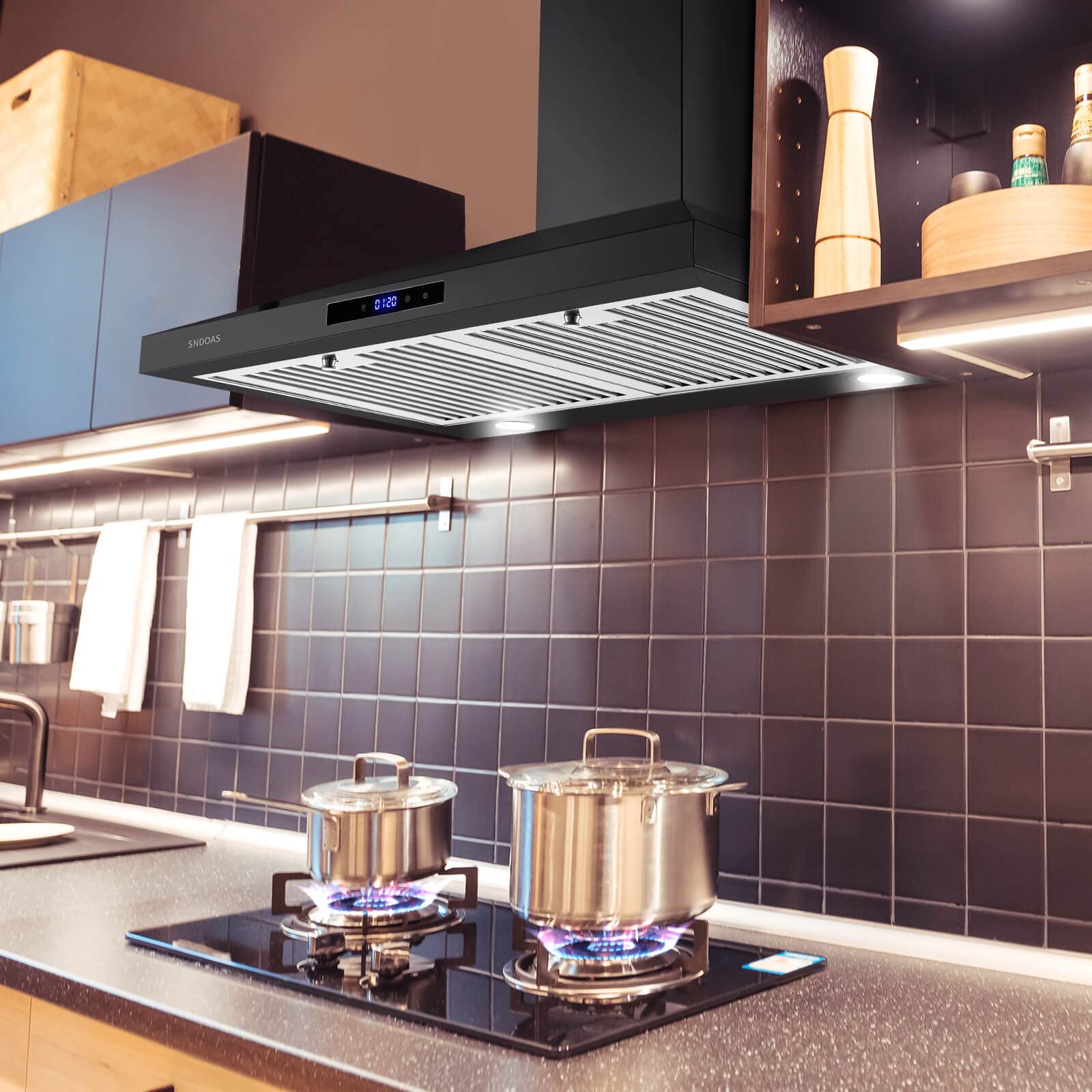 SNDOAS Black Range Hood 30 Inch,Stainless Steel Wall Mounted Kitchen Hood with Touch Controls, Ducted/Ductless Convertible,Chimney-Style Stove Hood Vent for Kitchen,Baffle Filters,Black Painted Finish