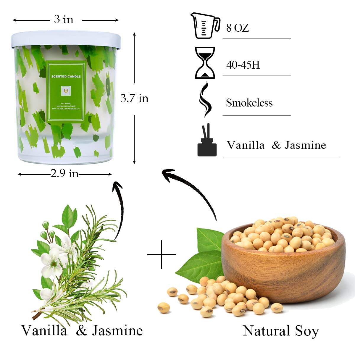 Haoson Vanilla & Jasmine Scented Candle Gift Set in Glass Jar Natural Soy Wax Aromatherapy Stress Relief Candle for Women Home Mother's Day Christmas