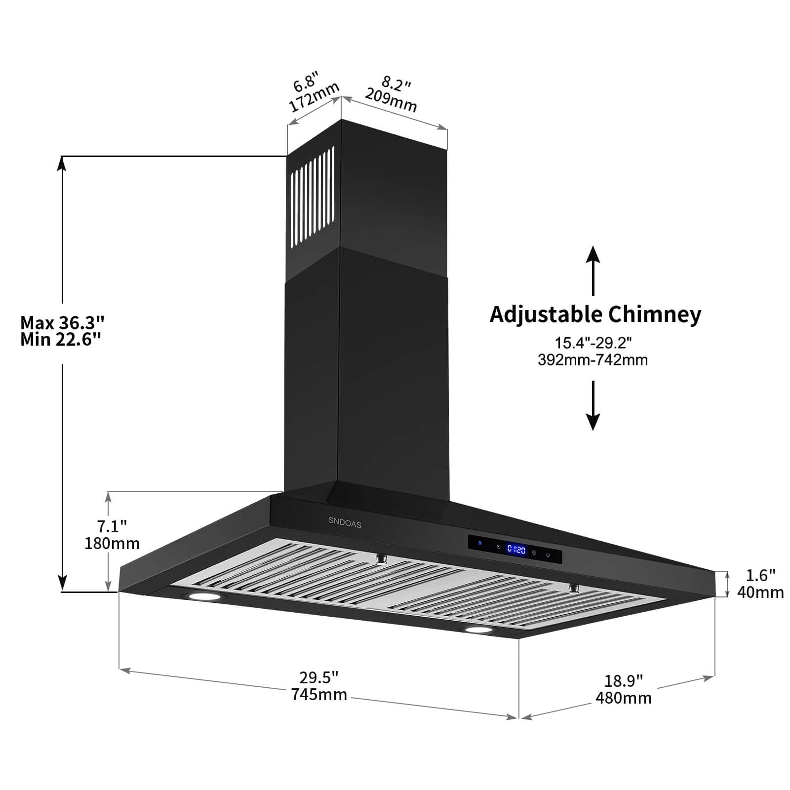 SNDOAS Black Range Hood 30 Inch,Stainless Steel Wall Mounted Kitchen Hood with Touch Controls, Ducted/Ductless Convertible,Chimney-Style Stove Hood Vent for Kitchen,Baffle Filters,Black Painted Finish