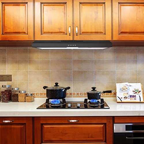 SNDOAS Range Hood 30 inch Under Cabinet with Charcoal Filter,Ductless Range Hood w/ 3 Speed Exhaust Fan,Stainless Steel Black Range Hood w/LED Light,Push Button,Under Cabinet Kitchen Hood