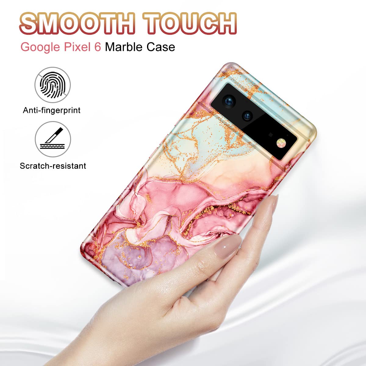 Btscase for Google Pixel 6 Case, Gold Glitter Bling Marble Pattern Hard PC Slim Fit Shockproof Full Body Rugged Drop Protective Women Girls Cover Cute Case for Google Pixel 6 (2021), Rose Gold