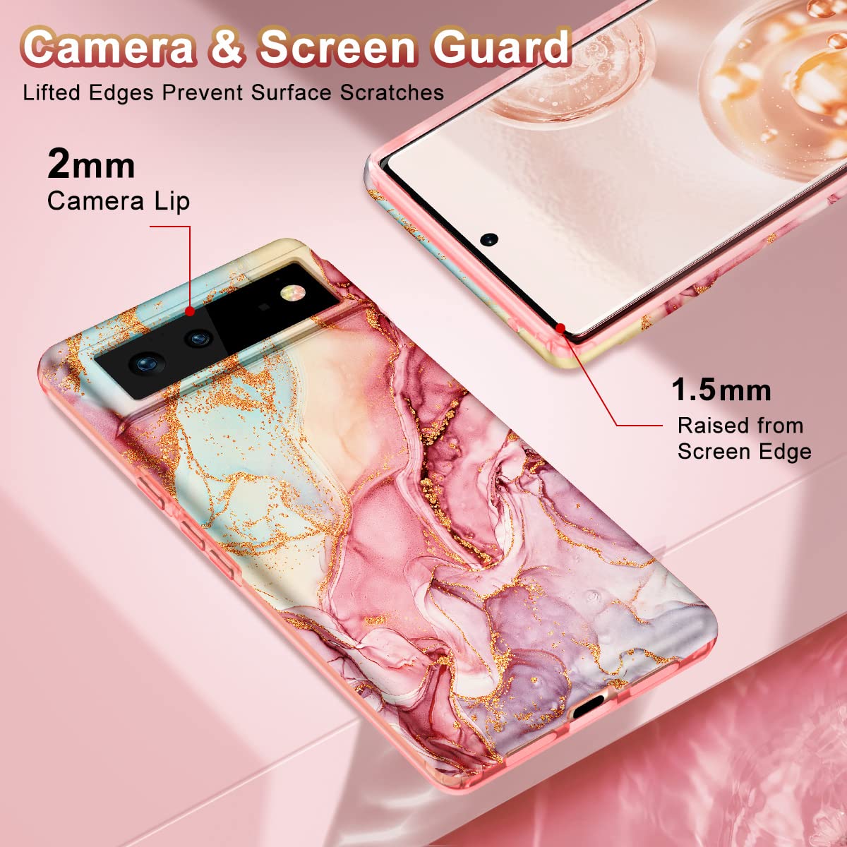 Btscase for Google Pixel 6 Case, Gold Glitter Bling Marble Pattern Hard PC Slim Fit Shockproof Full Body Rugged Drop Protective Women Girls Cover Cute Case for Google Pixel 6 (2021), Rose Gold