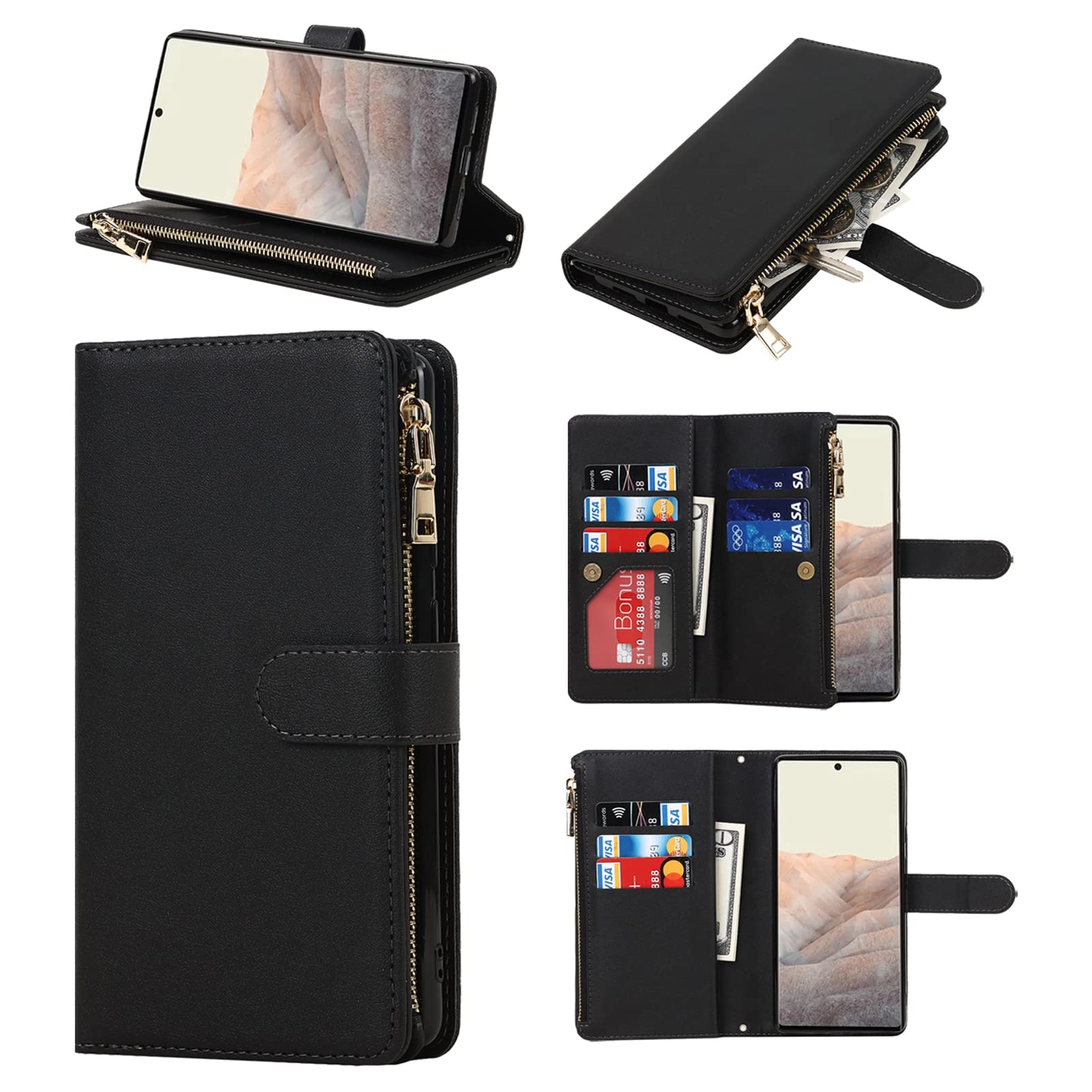 Jaorty for Google Pixel 6 Phone Case Wallet for Women Men with Crossbody Strap Lanyard,Pixel 6 Wallet Case with Card Holer,Zipper Pocket PU Leather Phone Case for Pixel 6, 6.4 Inch, Black