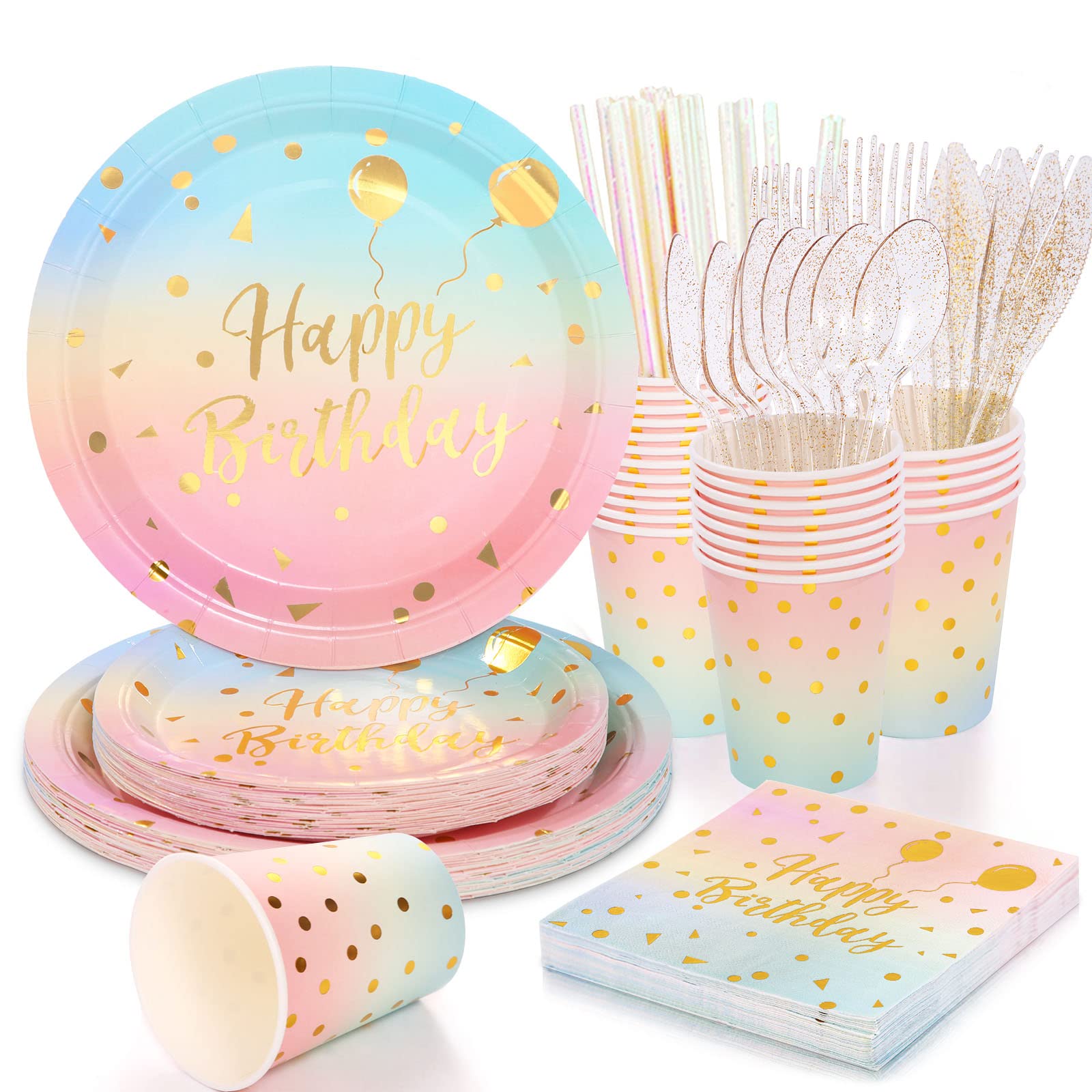 Boocikey 200 Pcs Pastel Party Supplies Birthday Party Plates and Napkins Sets,Disposable Pastel Birthday Plates - Rainbow Paper Plates Napkins Cups for Birthday Baby Shower Party Decorations