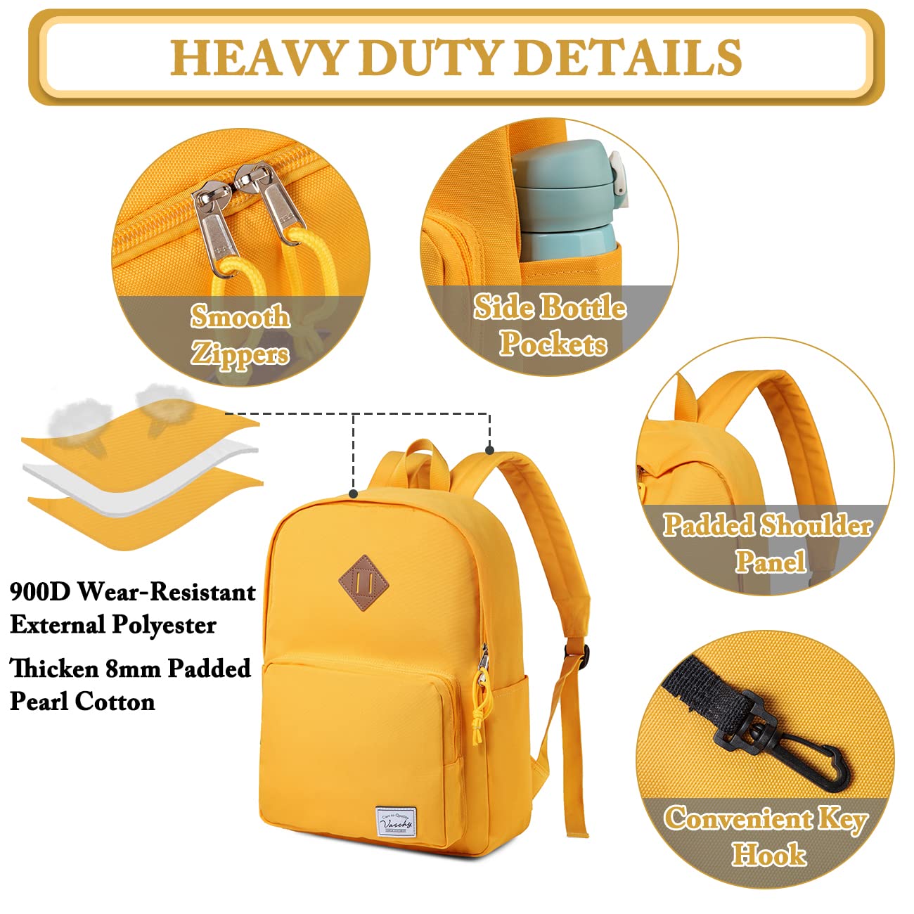 VASCHY School Backpack, Ultra Lightweight Backpack for Women Bookbag for Kids Teen Boys Girls Yellow
