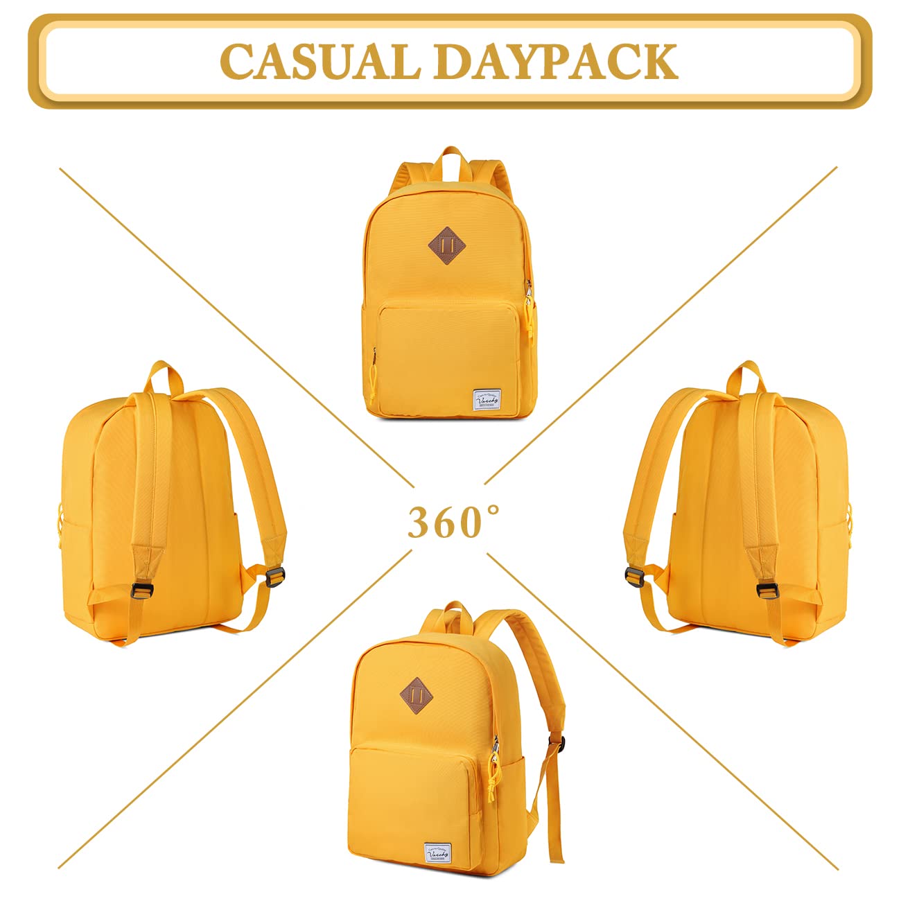 VASCHY School Backpack, Ultra Lightweight Backpack for Women Bookbag for Kids Teen Boys Girls Yellow